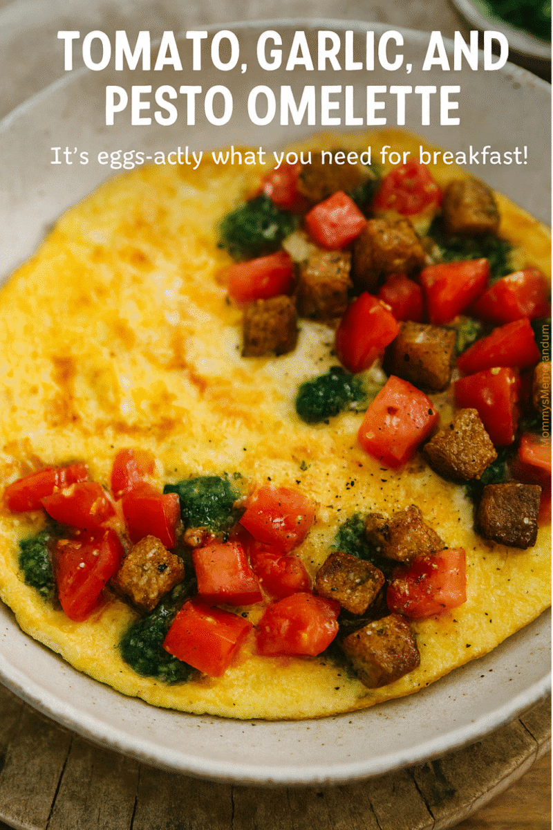 Tomato, Garlic, and Pesto Omelette with Crispy Croutons
